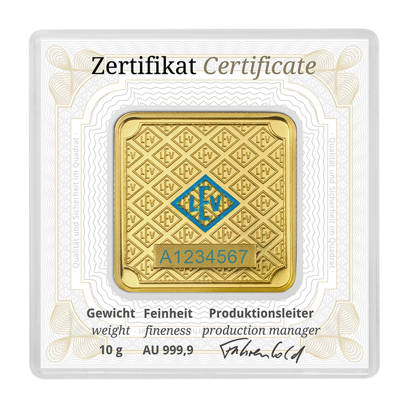 Goldbarren Geiger original - 10 g .9999 quadratisch in Kapsel