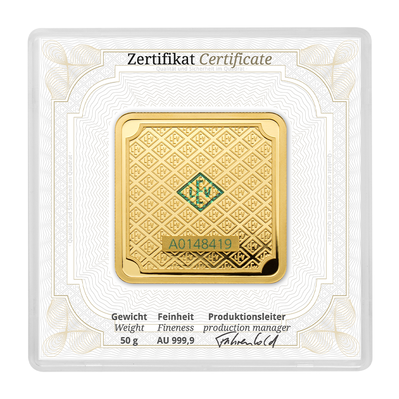 Goldbarren Geiger original - 50 g .9999 quadratisch in Kapsel